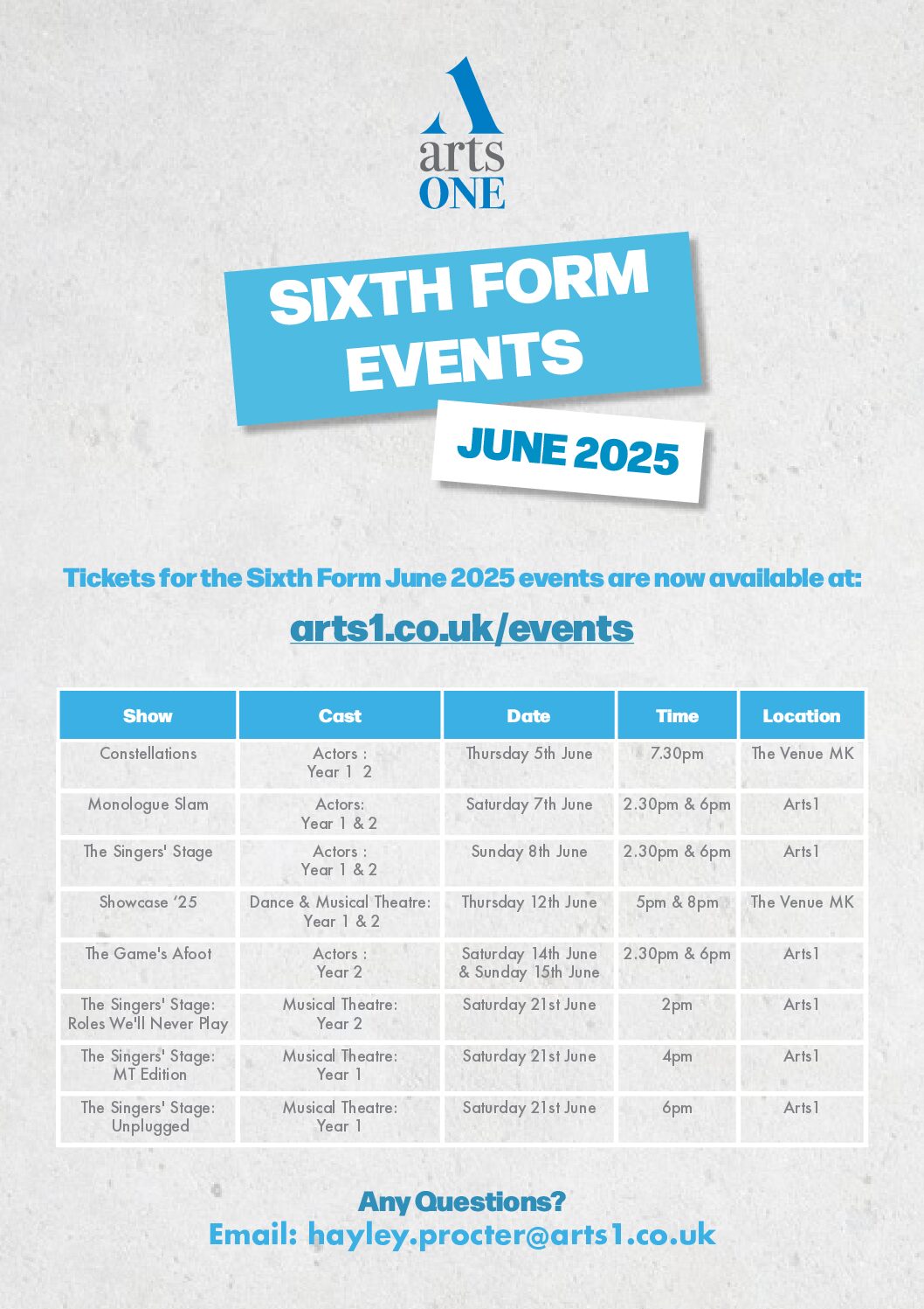 Sixth Form Events Overview - June 2025 - Arts1 School of Performance